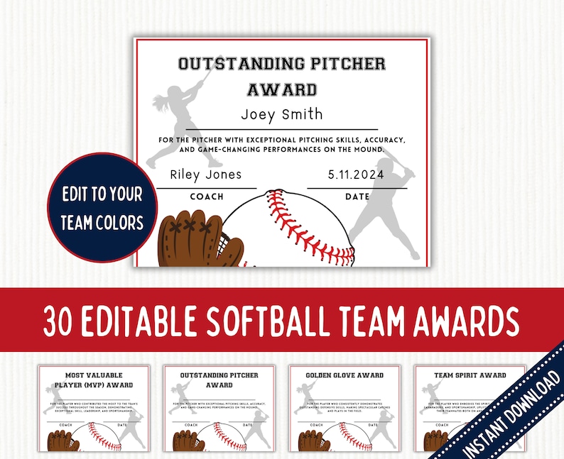 Editable Softball Award Certificates, Softball Team Awards, Softball ...