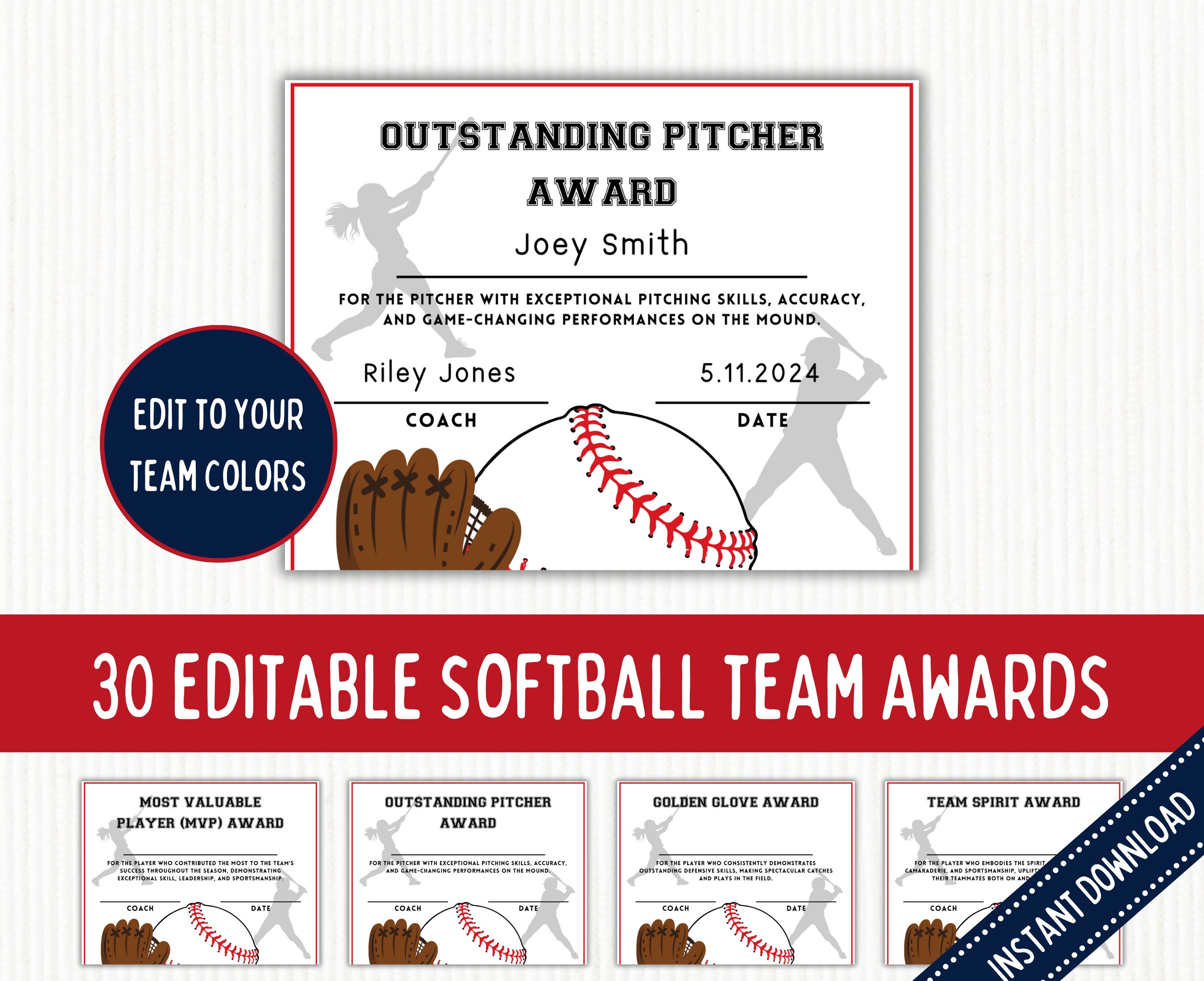 Editable Softball Award Certificates, Softball Team Awards, Softball ...