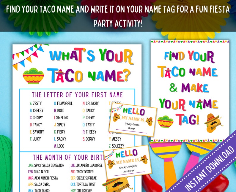 What's Your Taco Name Game WITH NAMETAGS & SIGN, Taco Party Game ...