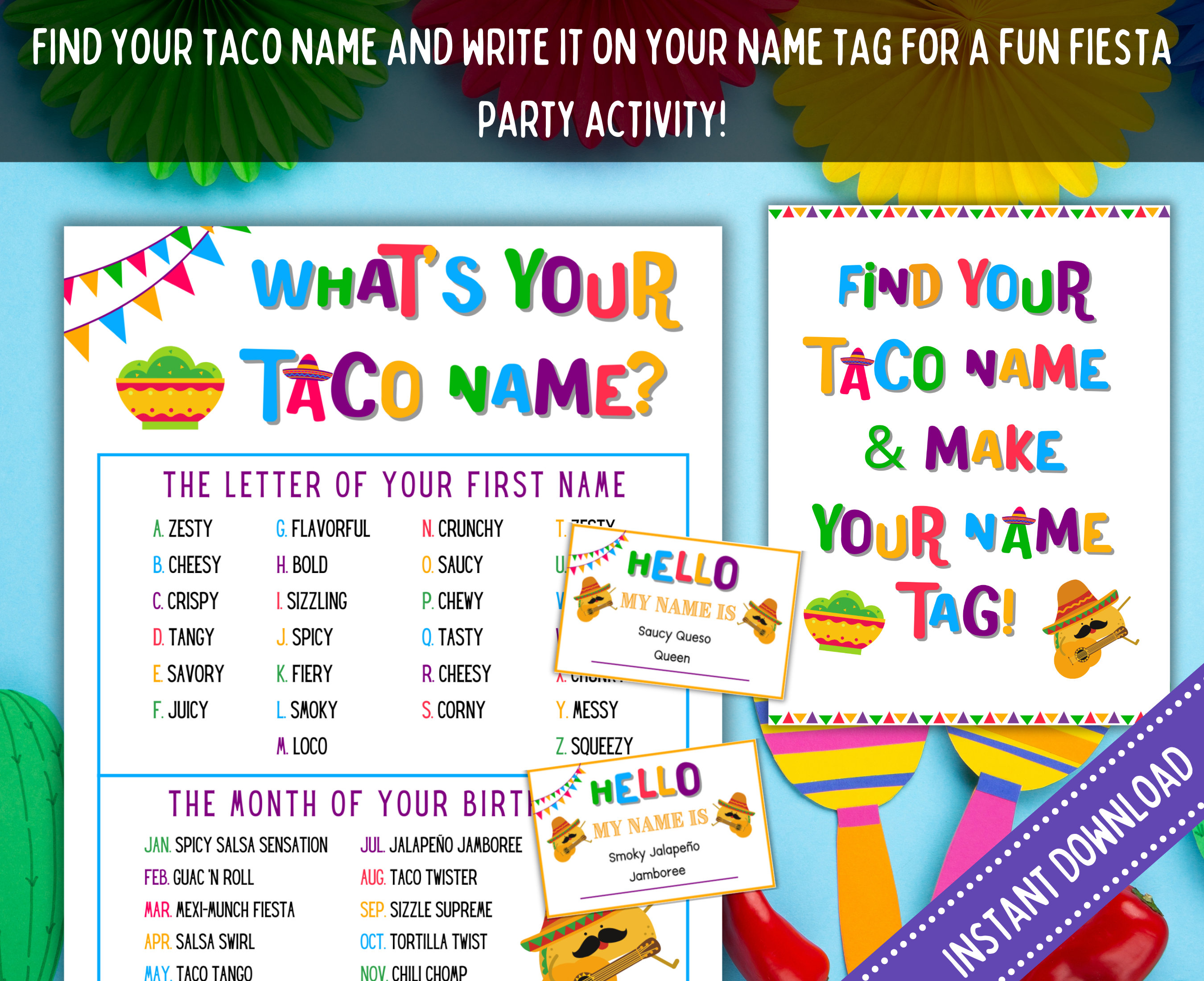 What's Your Taco Name Game WITH NAMETAGS & SIGN, Taco Party Game ...