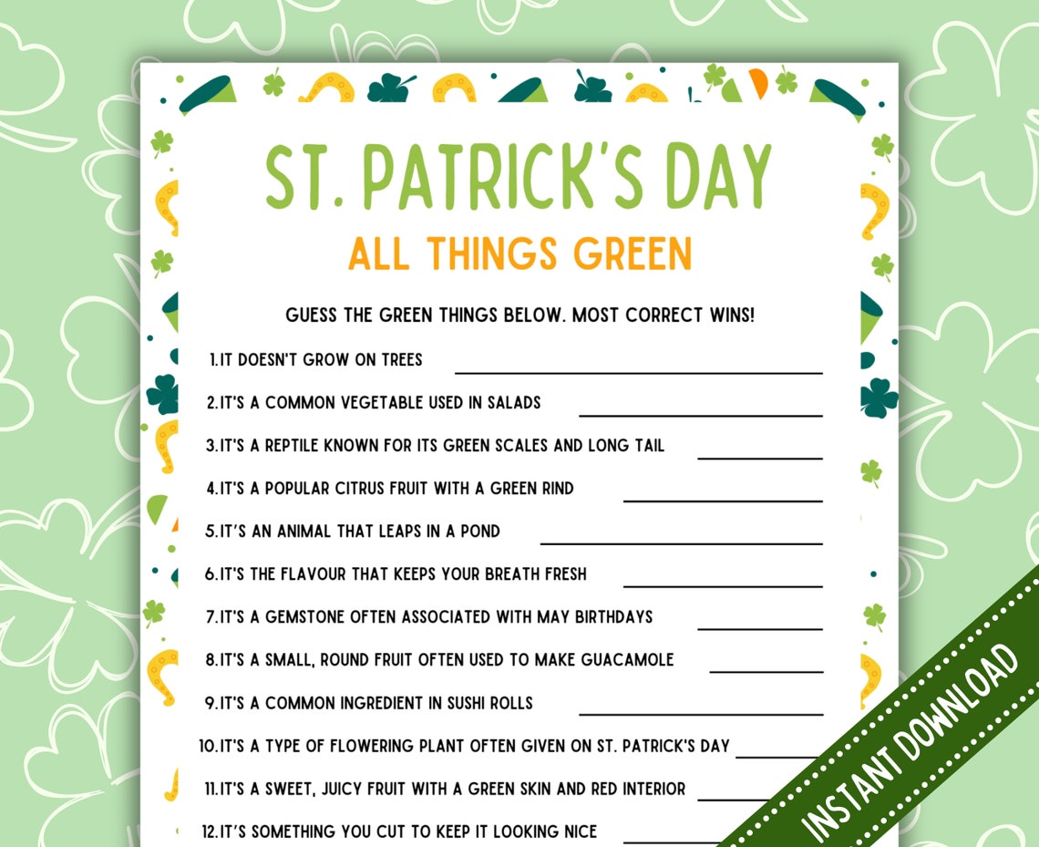 St Patrick's Day All Things Green Quiz: Fun Party Game (digital ...