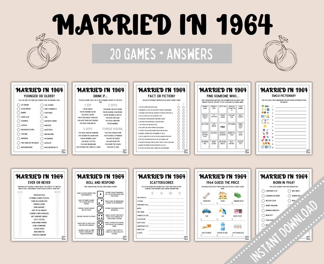 60th Anniversary Games Bundle: 1964 Trivia, Quizzes (printable PDF) - Etsy
