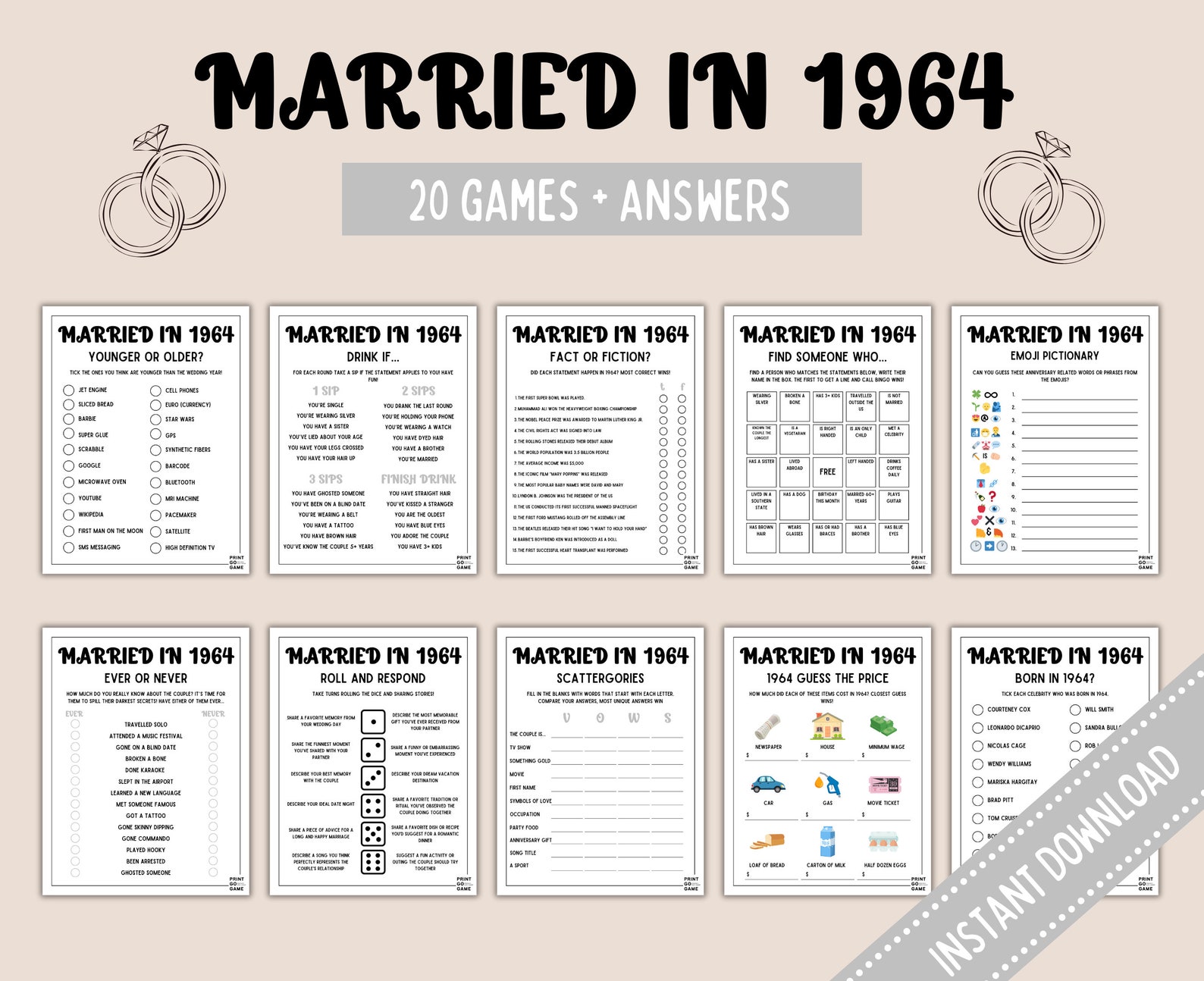 60th Anniversary Games Bundle: 1964 Trivia, Quizzes (printable PDF) - Etsy