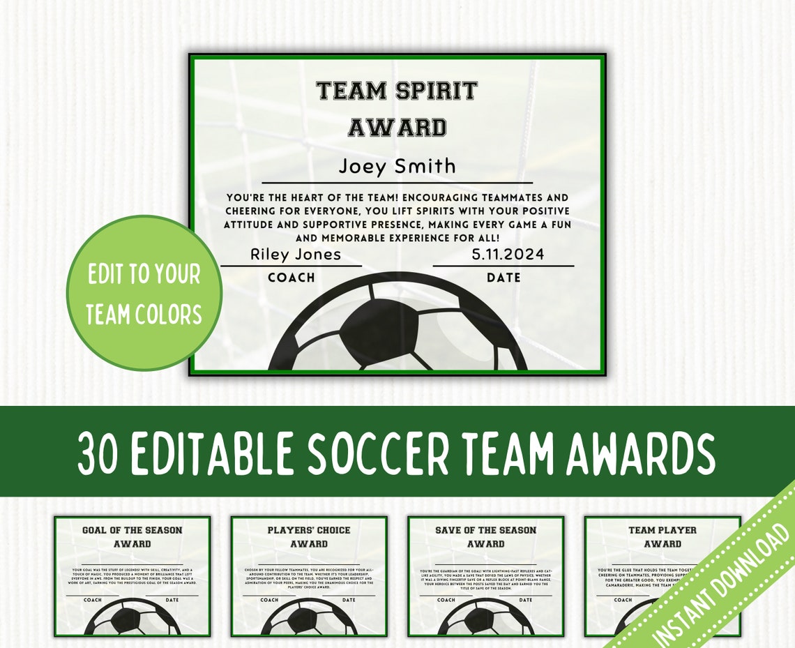 Editable Soccer Award Certificates: Team Awards Canva Template (digital ...