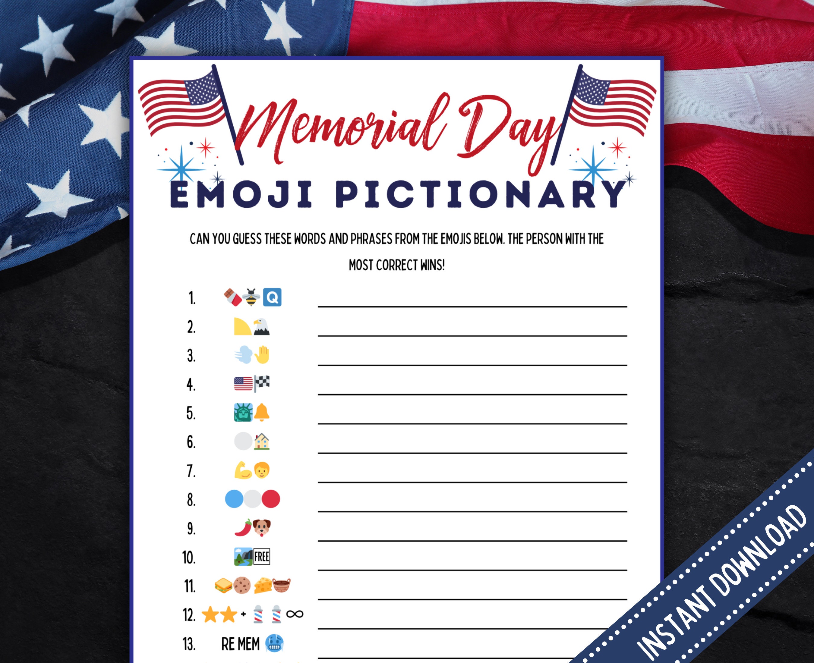 Memorial Day Emoji Pictionary, Fun Memorial Day Emoji Game for Kids ...