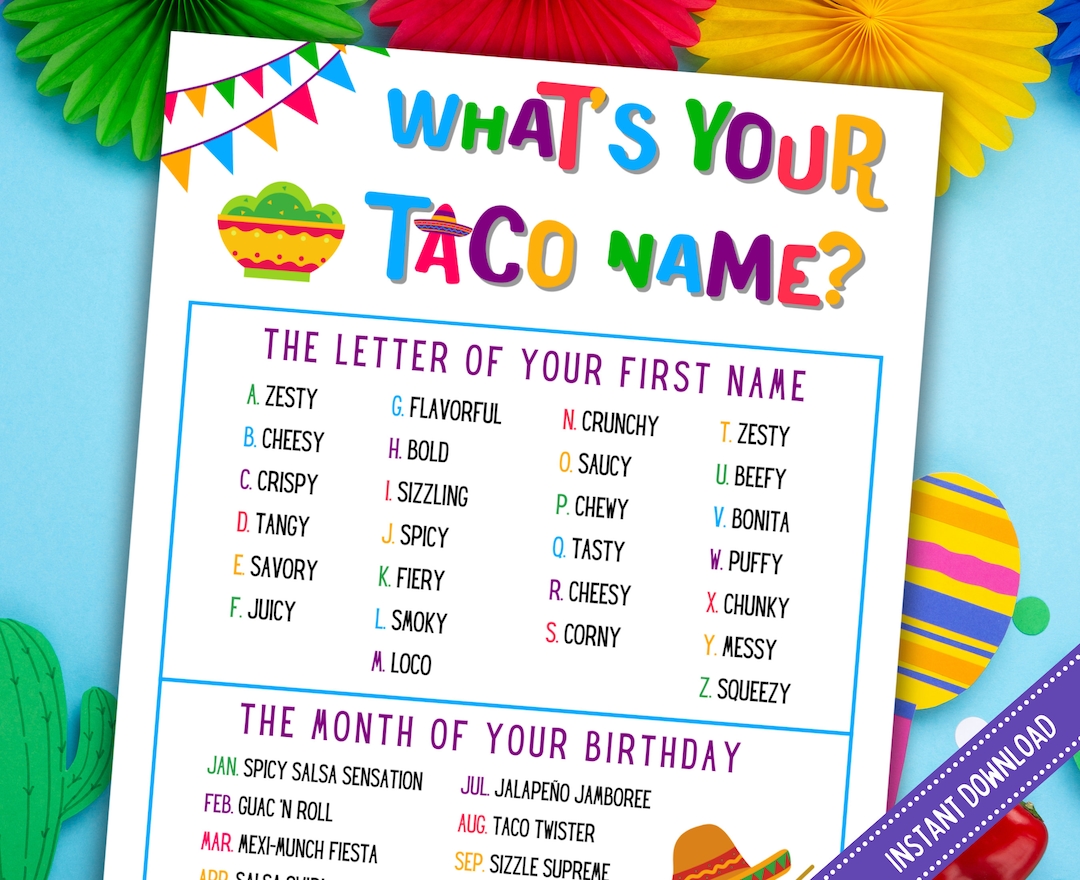 What's Your Taco Name Game WITH NAMETAGS & SIGN, Taco Party Game ...