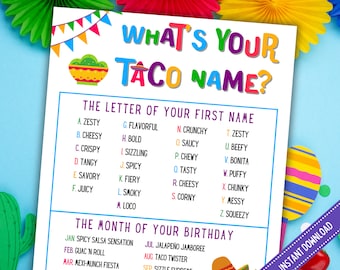 What's Your Taco Name Game WITH NAMETAGS & SIGN, Taco Party Game ...