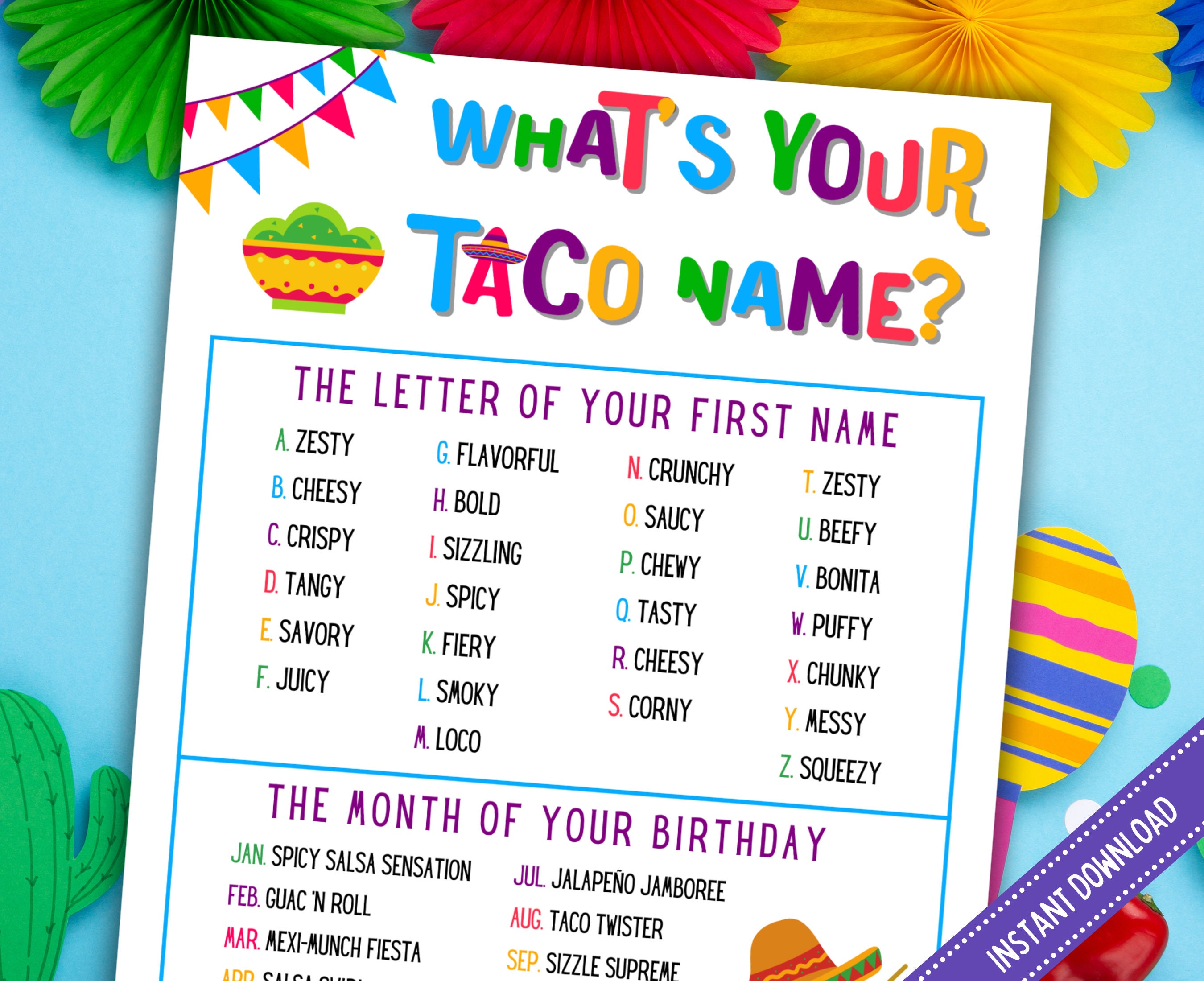 What's Your Taco Name Game WITH NAMETAGS & SIGN, Taco Party Game ...