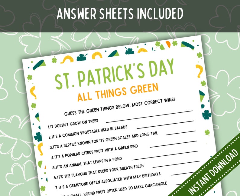 St Patrick's Day All Things Green Quiz, Fun St Patricks Day Quiz for ...
