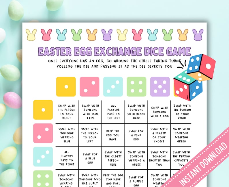Easter Egg Exchange Dice Game Printable Game | Easter Group Party Game ...