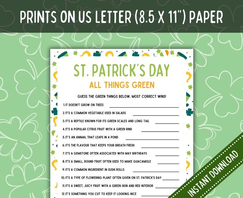 St Patrick's Day All Things Green Quiz, Fun St Patricks Day Quiz for ...