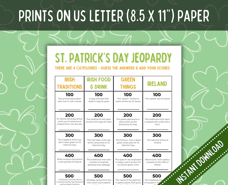 St. Patrick's Day Jeopardy Game: Trivia for All Ages (digital Download ...