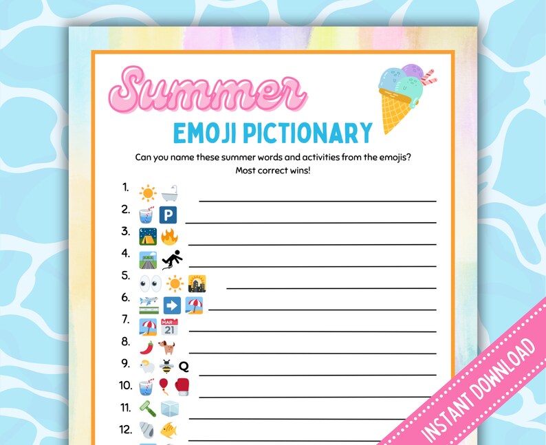 Summer Emoji Pictionary Game: Printable Party Activity (digital ...