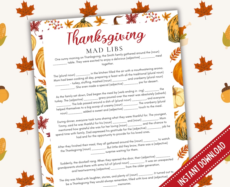 Thanksgiving Mad Libs Printable Thanksgiving Game Thanksgiving Activity ...