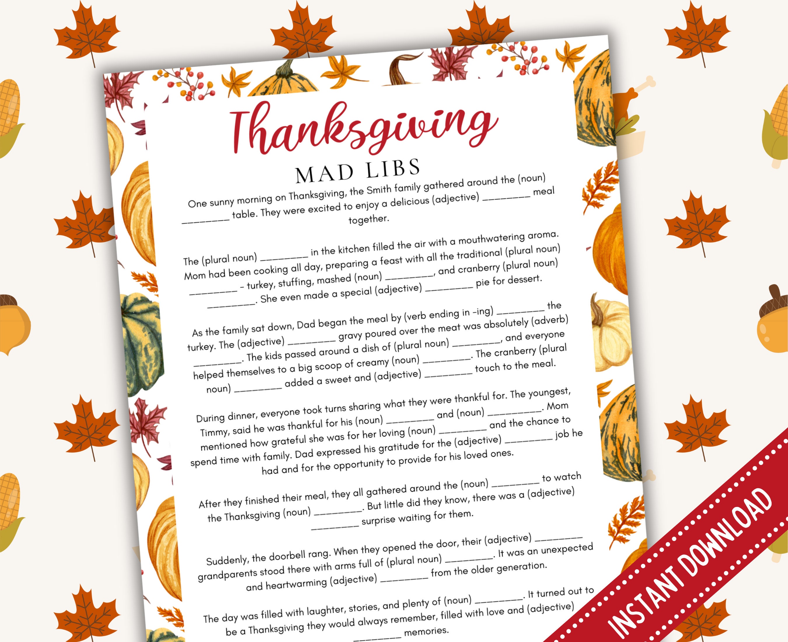 Thanksgiving Mad Libs | Printable Thanksgiving Game | Thanksgiving ...