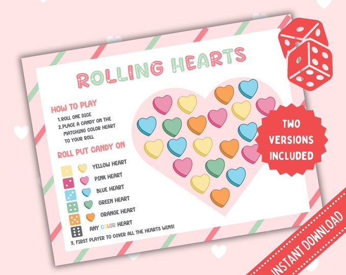 Valentines Day Candy Dice Game, Printable Rolling Hearts Valentine ...
