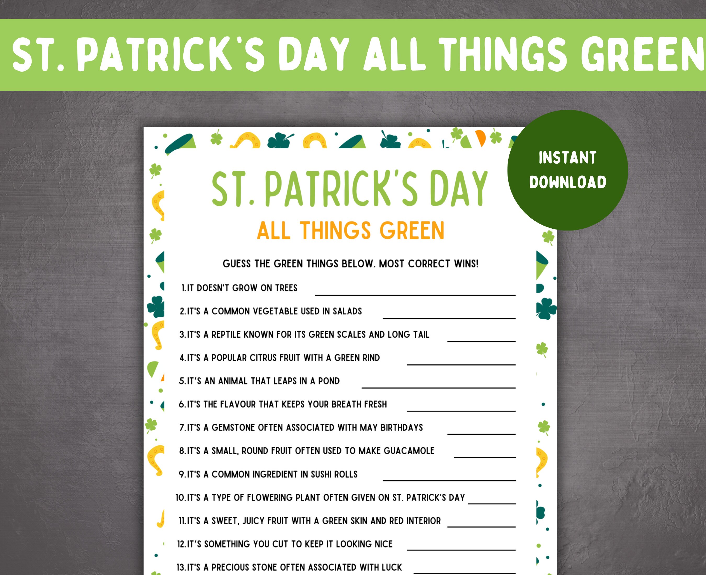St Patrick's Day All Things Green Quiz, Fun St Patricks Day Quiz for ...