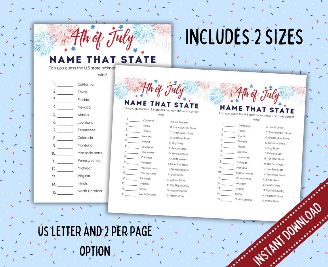 4th of July State Nickname Game | July 4th Game | Independence Day Game ...