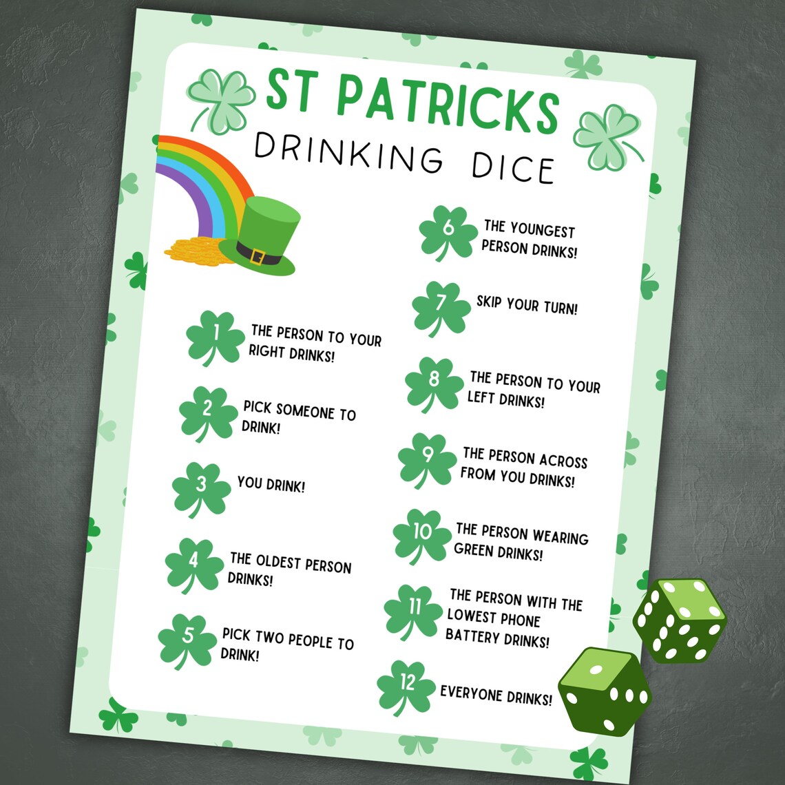 St Patrick's Day Drinking Dice Game, Adults St Patricks Day Drinking ...