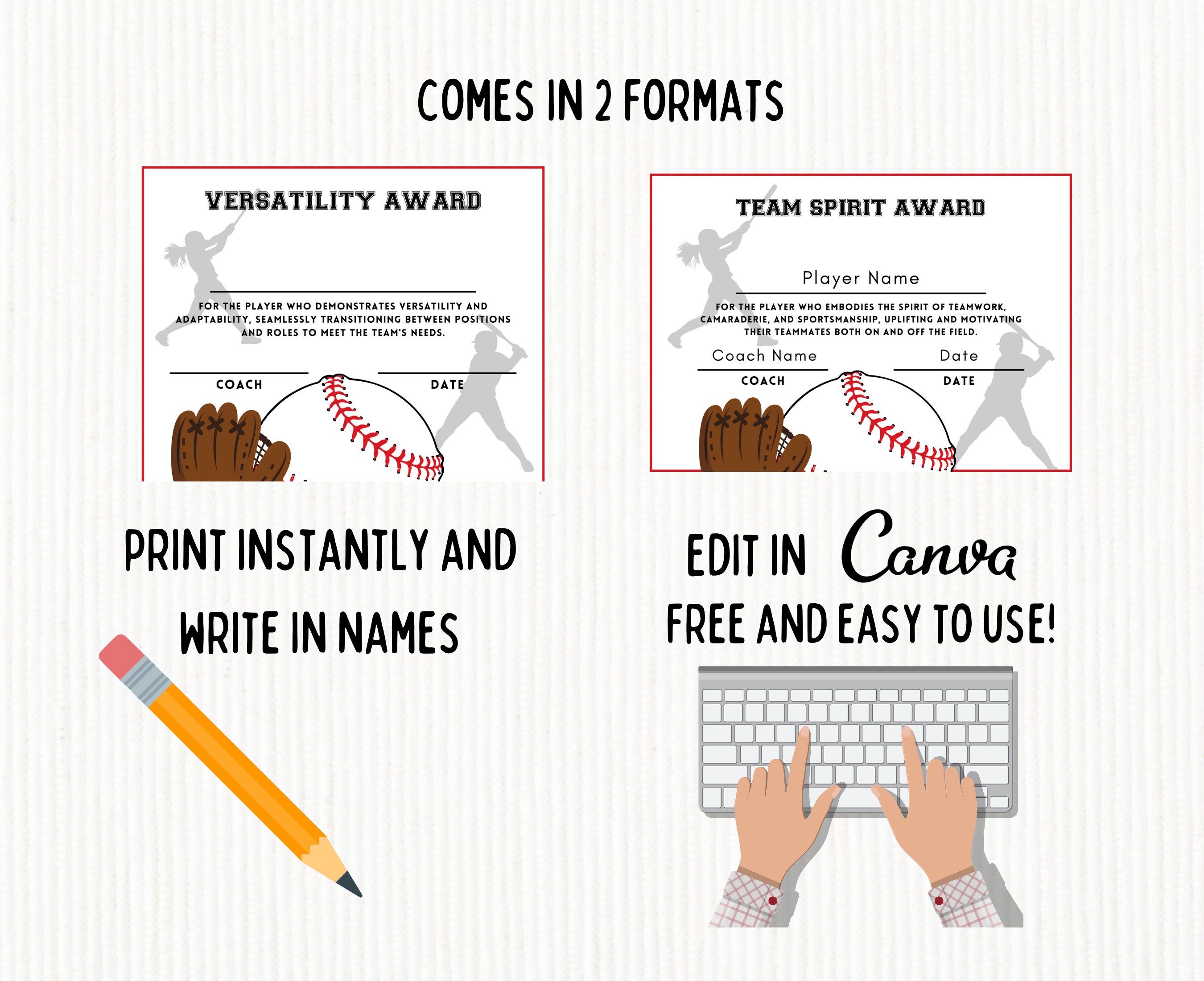 Editable Softball Award Certificates, Softball Team Awards, Softball ...