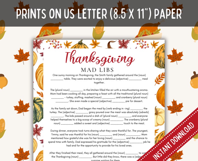 Thanksgiving Mad Libs Printable Thanksgiving Game Thanksgiving Activity ...