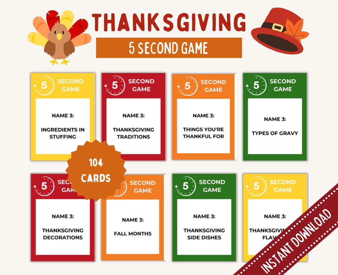 Thanksgiving 5 Second Game | Printable Thanksgiving Game | Thanksgiving ...