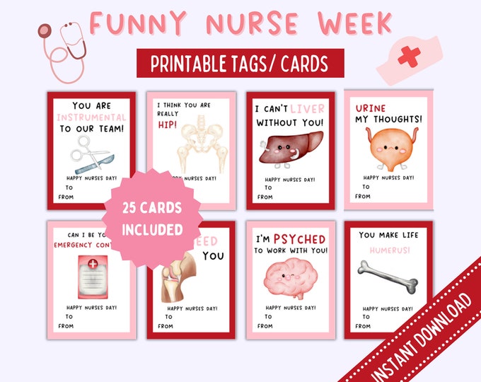 Nurses Week Printable Gift Tags, Nurses Week Funny Medical Cards, Nurse ...