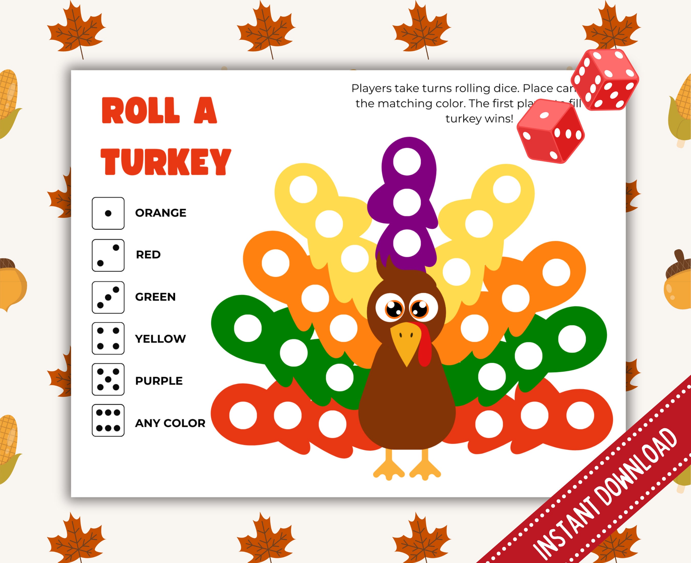 Roll A Turkey Dice Game, Printable Thanksgiving Game for Kids Adult ...