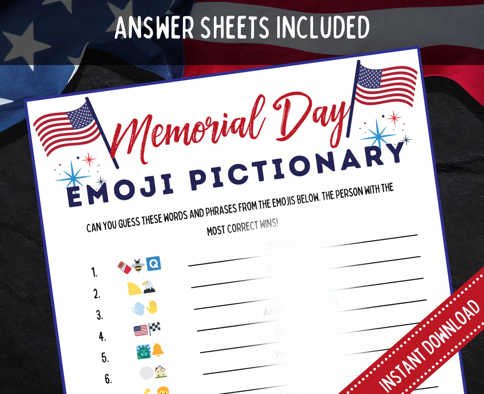 Memorial Day Emoji Pictionary Game: Fun Family Activity (digital ...