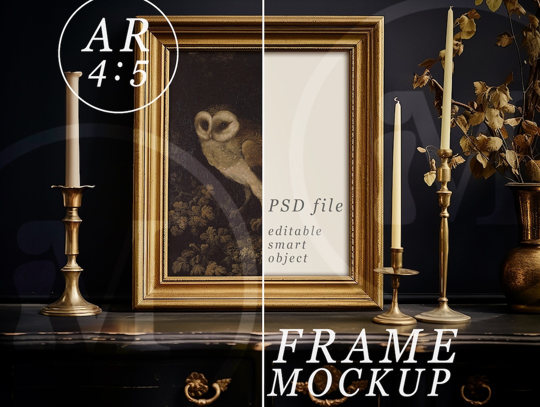 Gold Frame Mockup, 4x5 Mockup, Vintage Gold Frame Sitting on an Antique ...