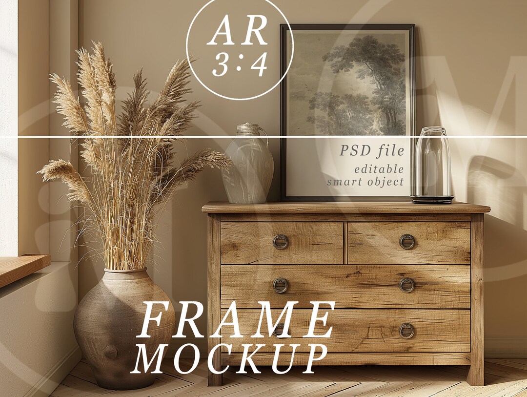 3x4 Frame Mockup, PSD Template, Modern Frame Leaning on Bedroom Drawers ...