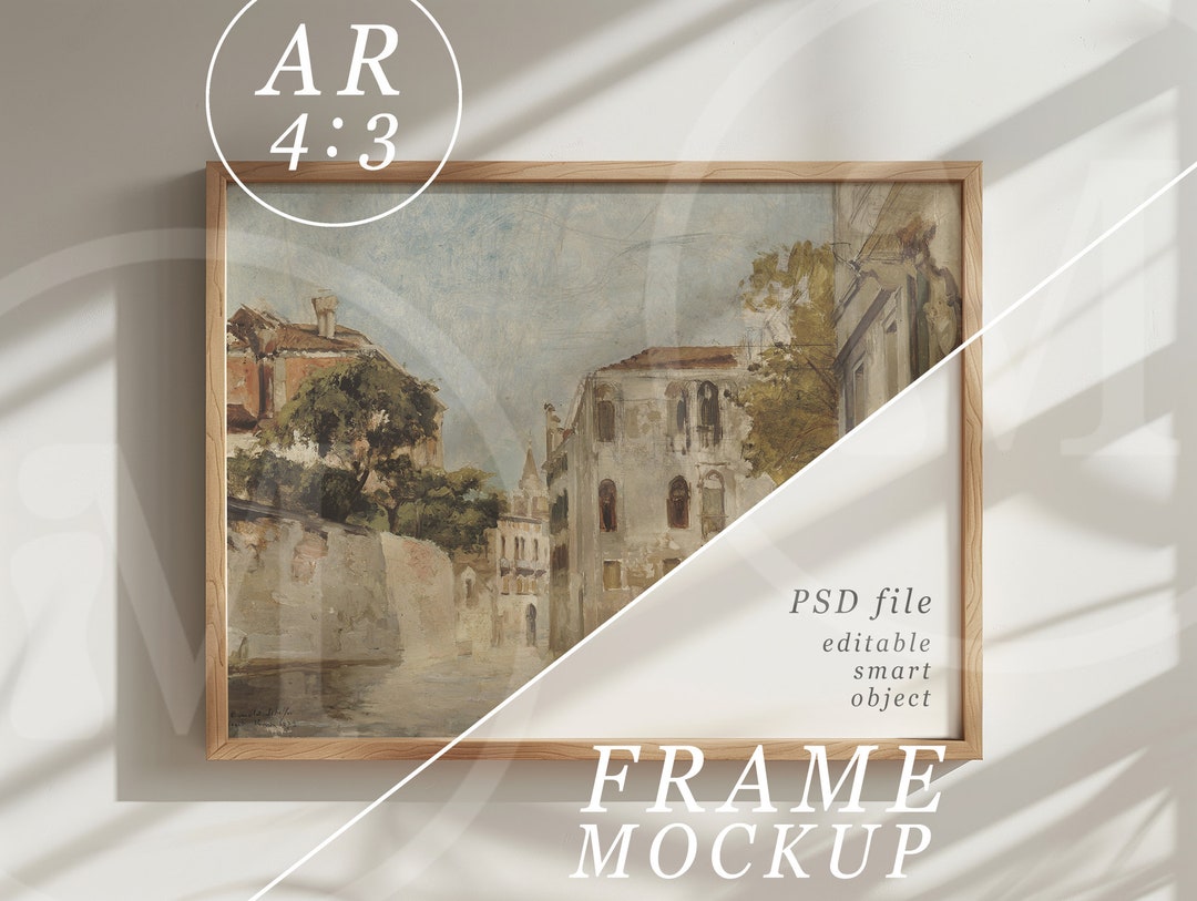 4x3 Frame Mockup, PSD Template, Modern White Oak Frame on a White Wall ...