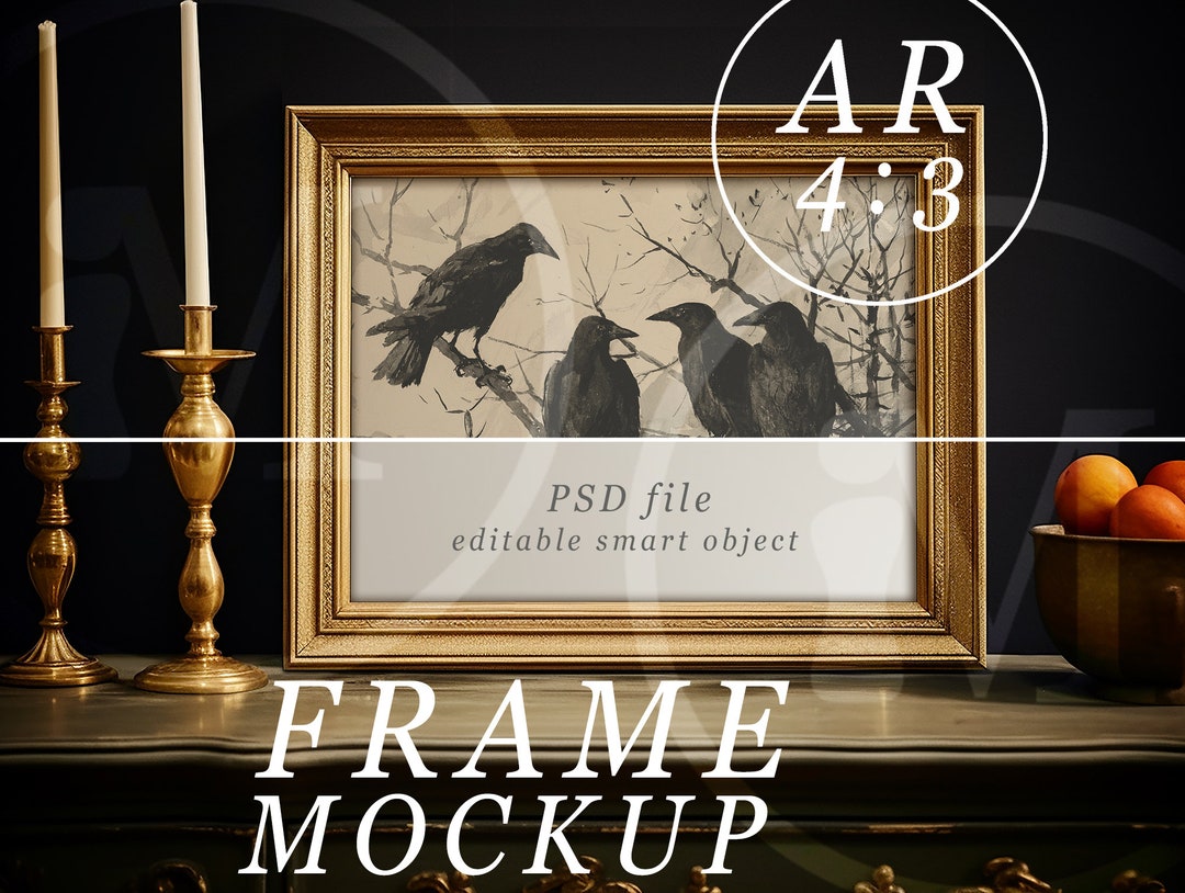 Vintage Gold 4x3 Frame Mockup: Antique Desk, Moody Lighting (PSD ...