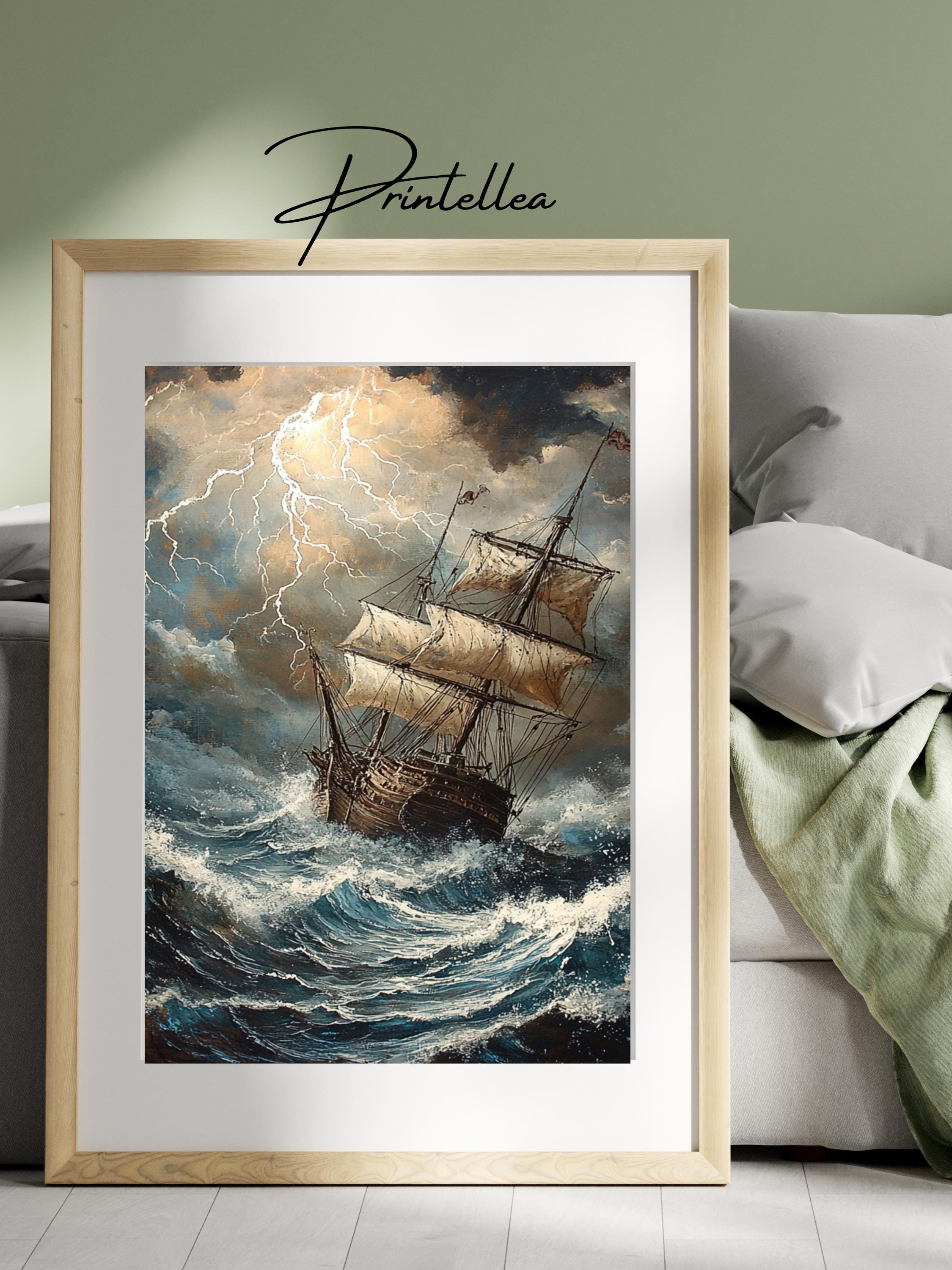 Pintura vintage de navio em tempestade – Arte náutica para parede ...
