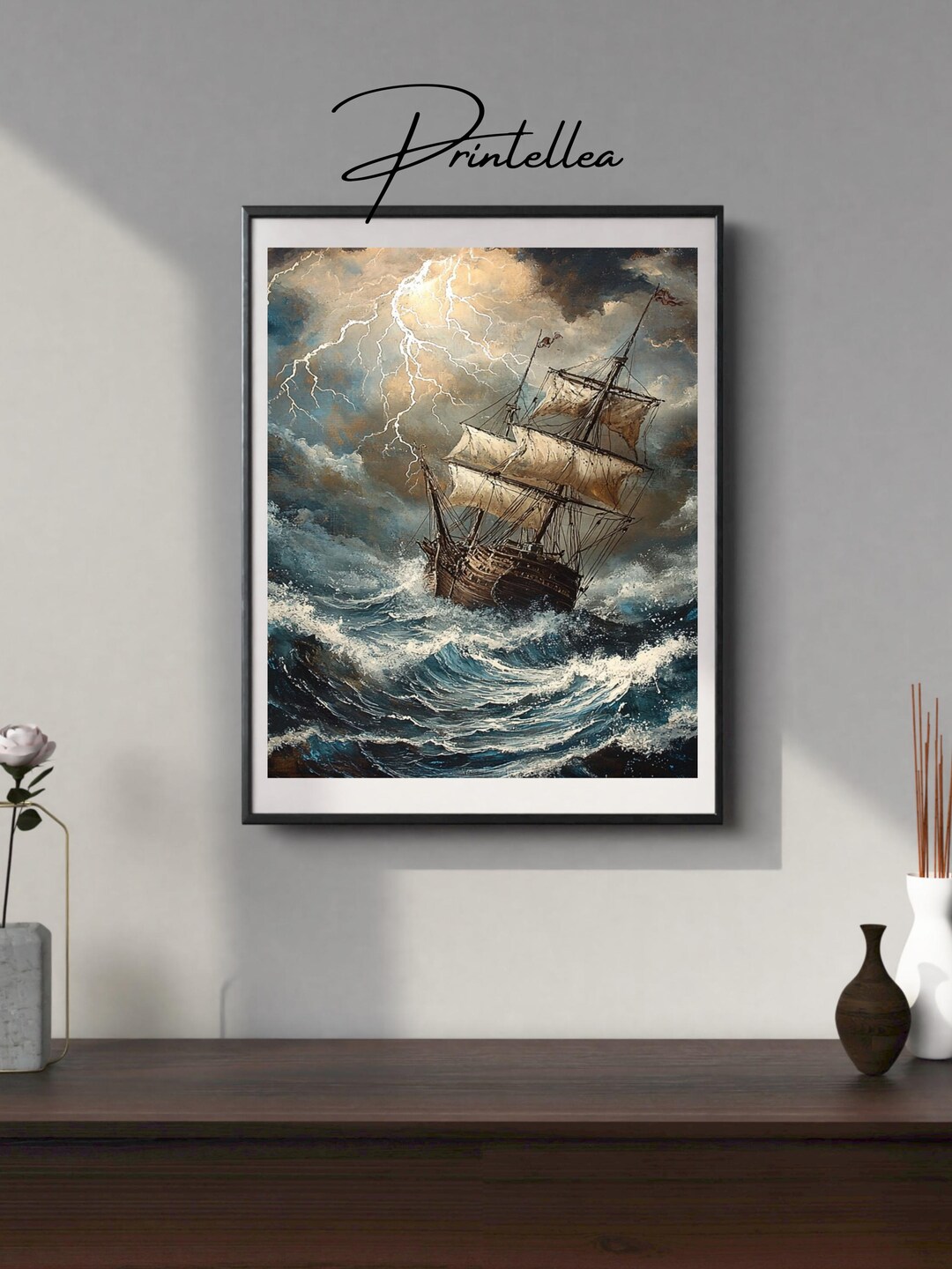 Pintura vintage de navio em tempestade – Arte náutica para parede ...