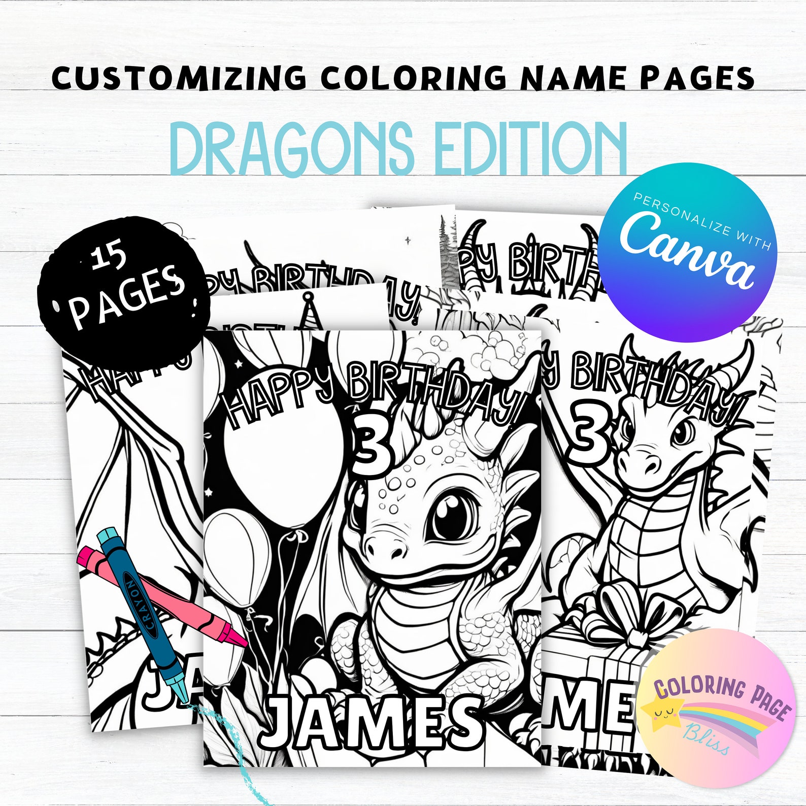 Customizable Birthday Coloring Pages for Kids, Personalized Dragons ...