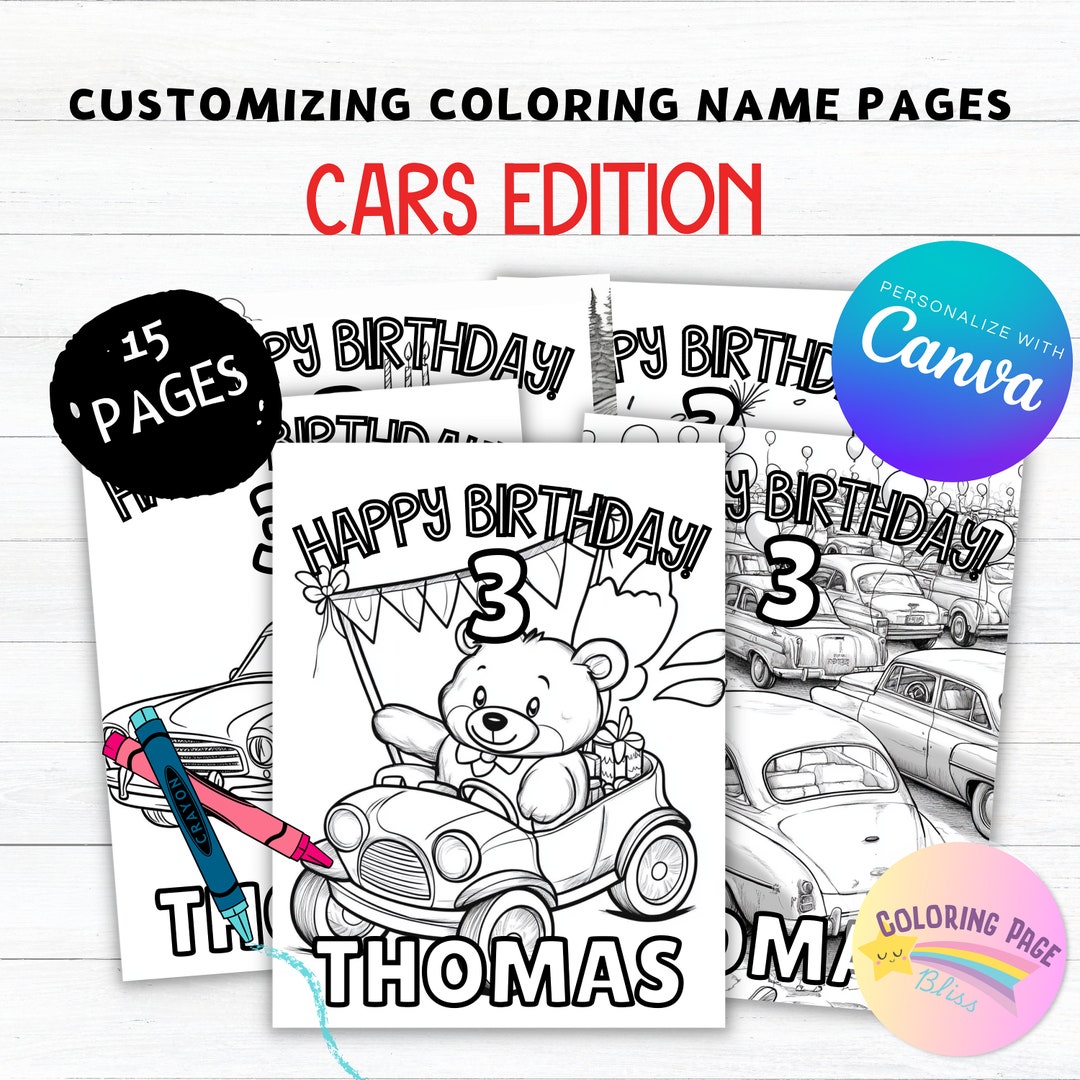 Customizable Birthday Coloring Pages for Kids, Personalized Cars ...