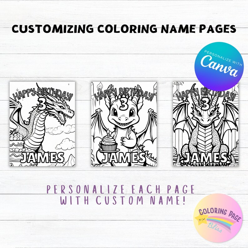 Customizable Birthday Coloring Pages for Kids, Personalized Dragons ...