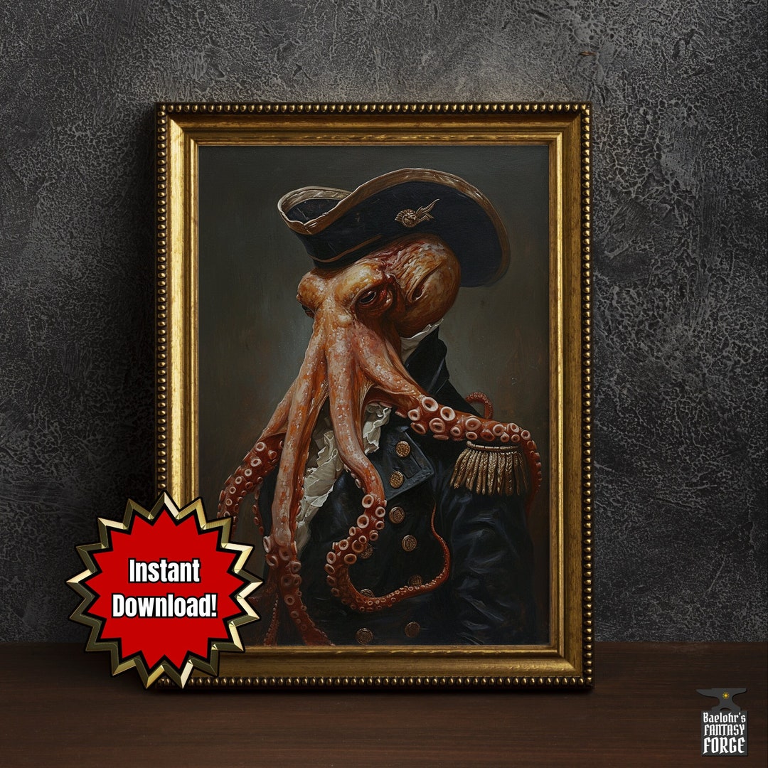 Octopus Captain Portrait, Naval Sea Creature Print, Vintage Renaissance ...