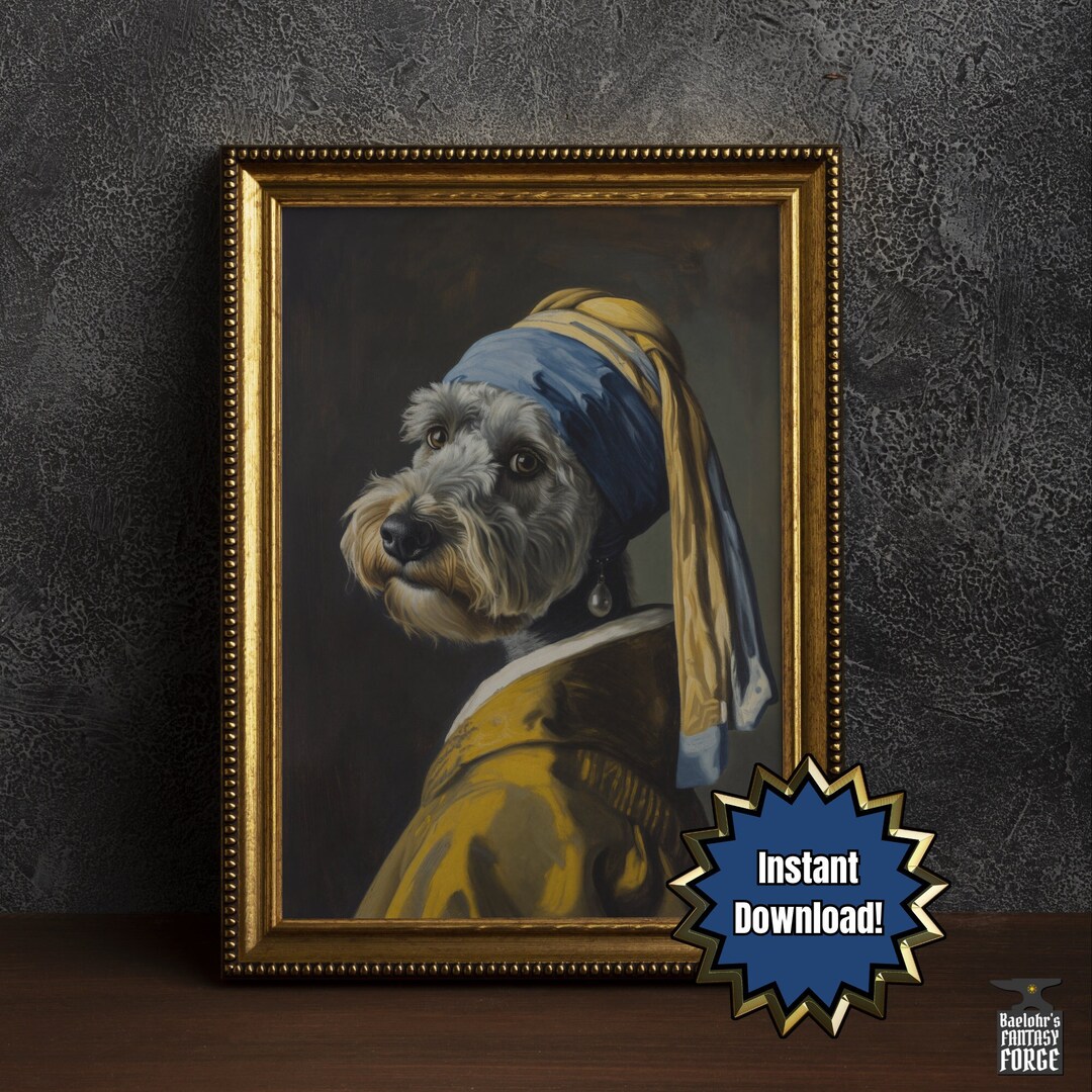 Schnoodle With A Pearl Earring, Funny Vintage Dog Painting, Parody ...