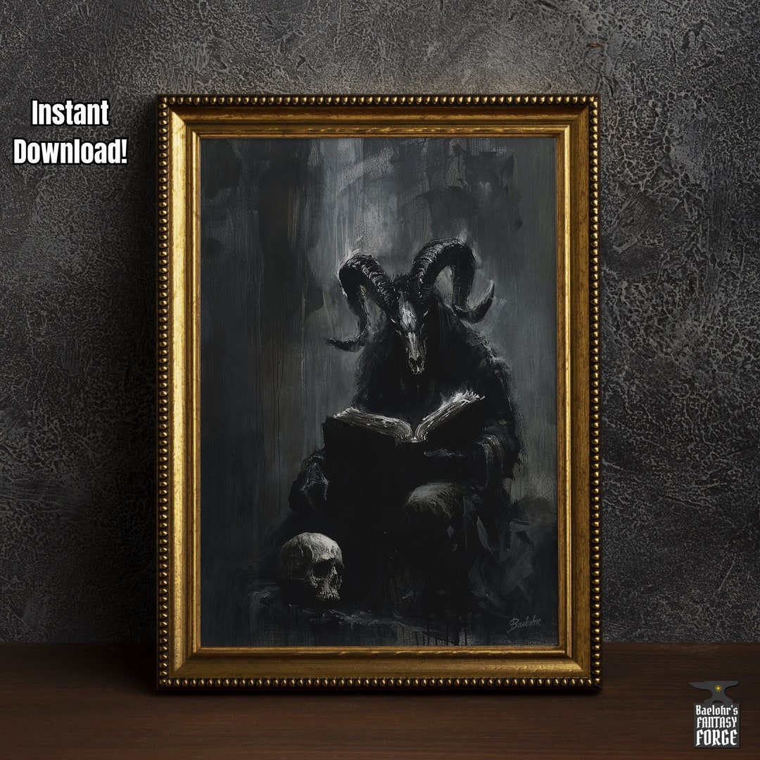 Devil Goat Reading Book Portrait, Gothic Horror Decor, Baphomet Pagan ...