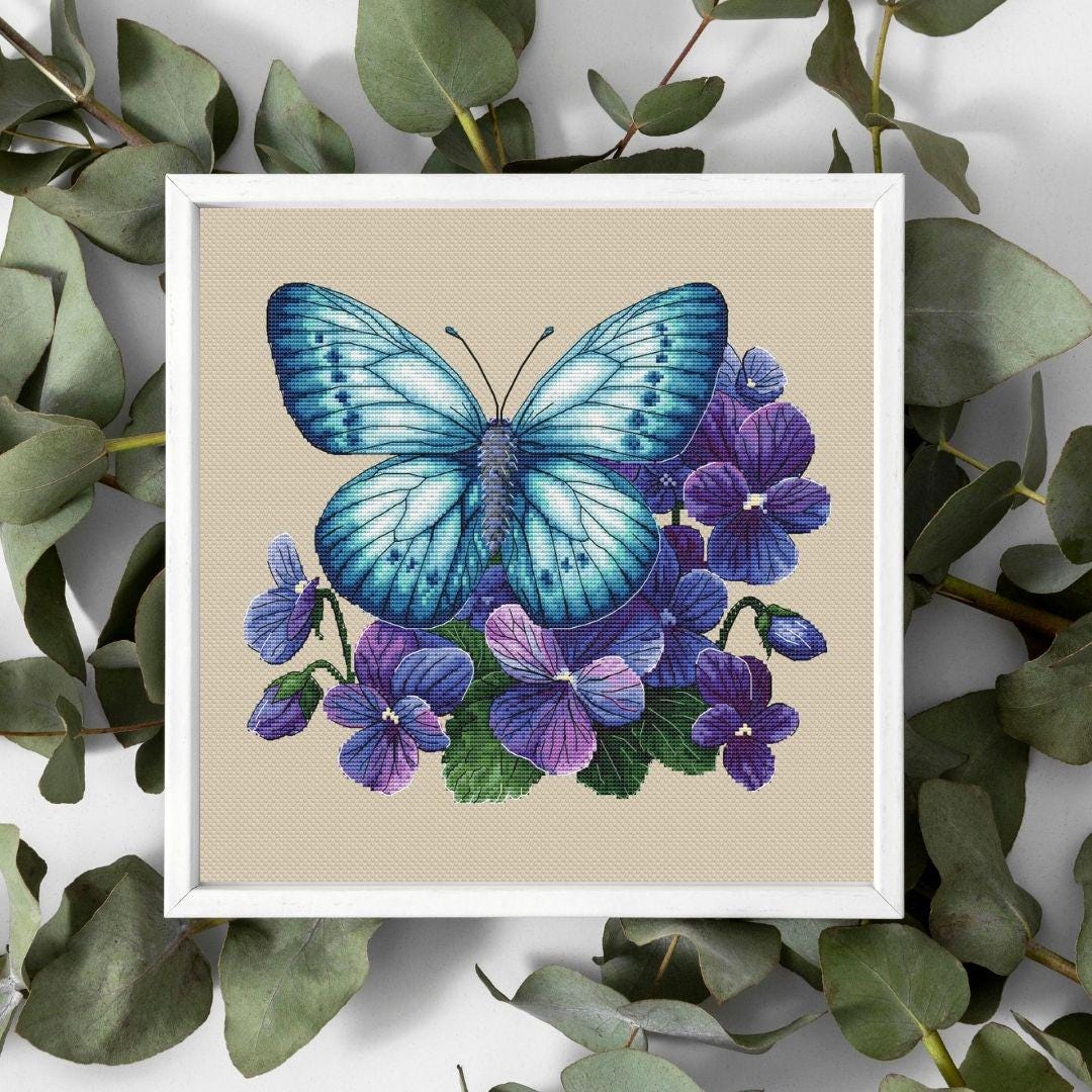 Blue Butterfly Cross Stitch Pattern: Violet Spring Flower Embroidery ...