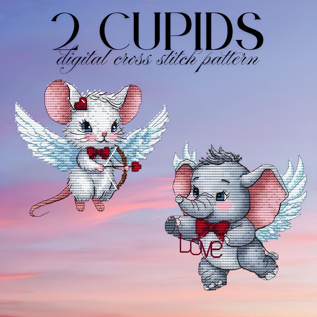 Set of 2 Digital Cross Stitch Pattern Cupid Little Mouse and Elephant ...