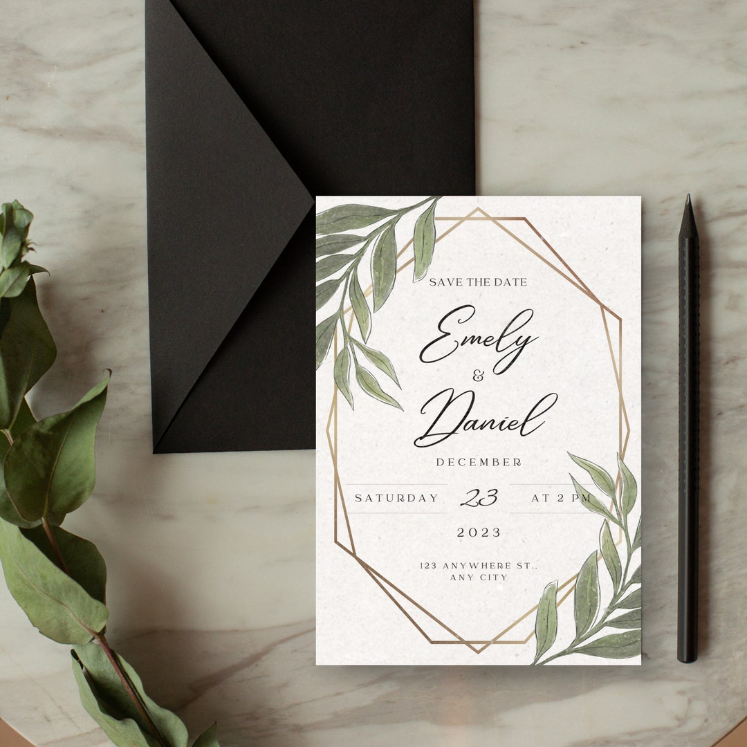White Green Elegant Wedding Invitation Template 5x7, Editable Invites ...
