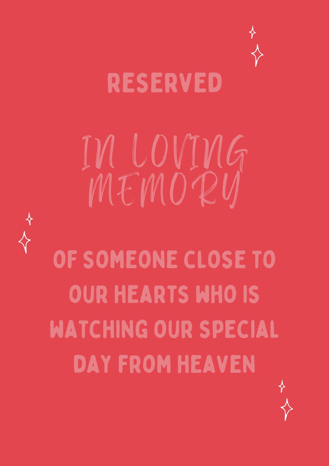 A4 Reserved Seat for a Loved One Sign | Digital Instant Download | DIY ...