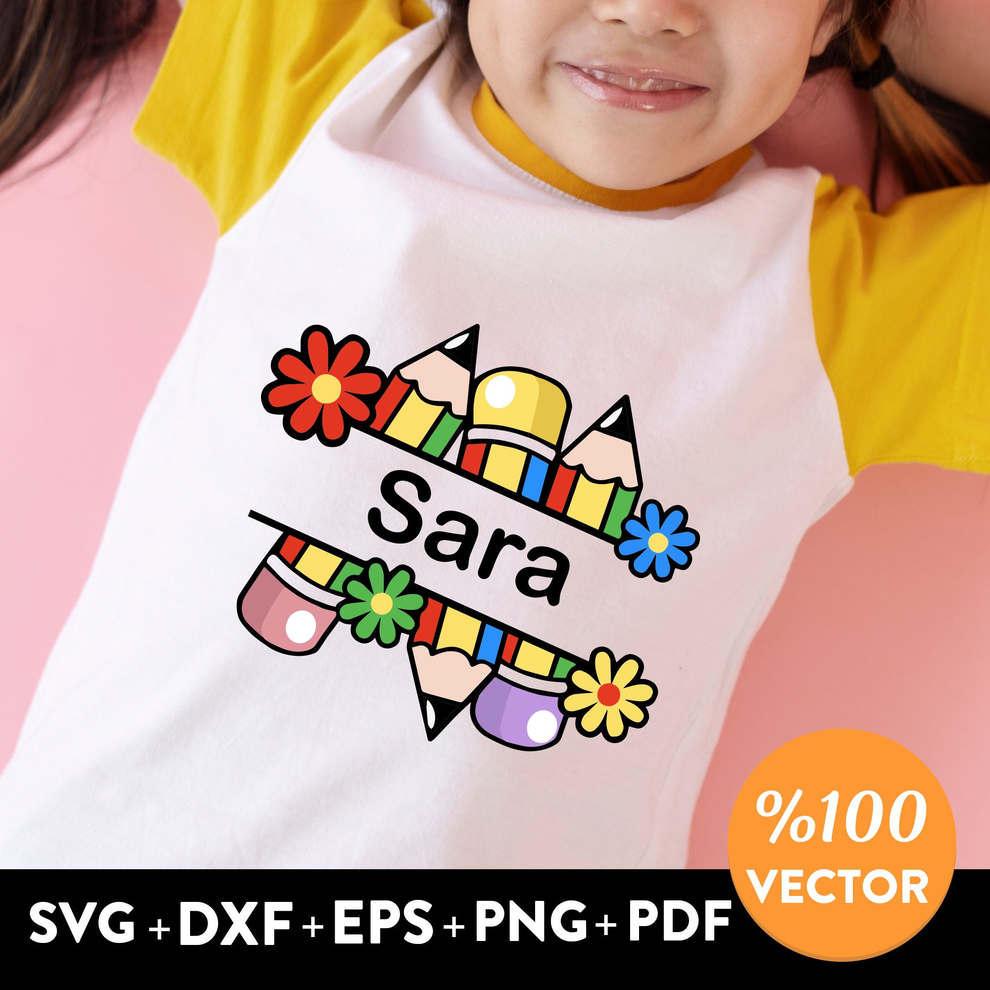 Pencil Name Frame SVG, Floral Pencil Name, Teacher Name Frame, Split ...