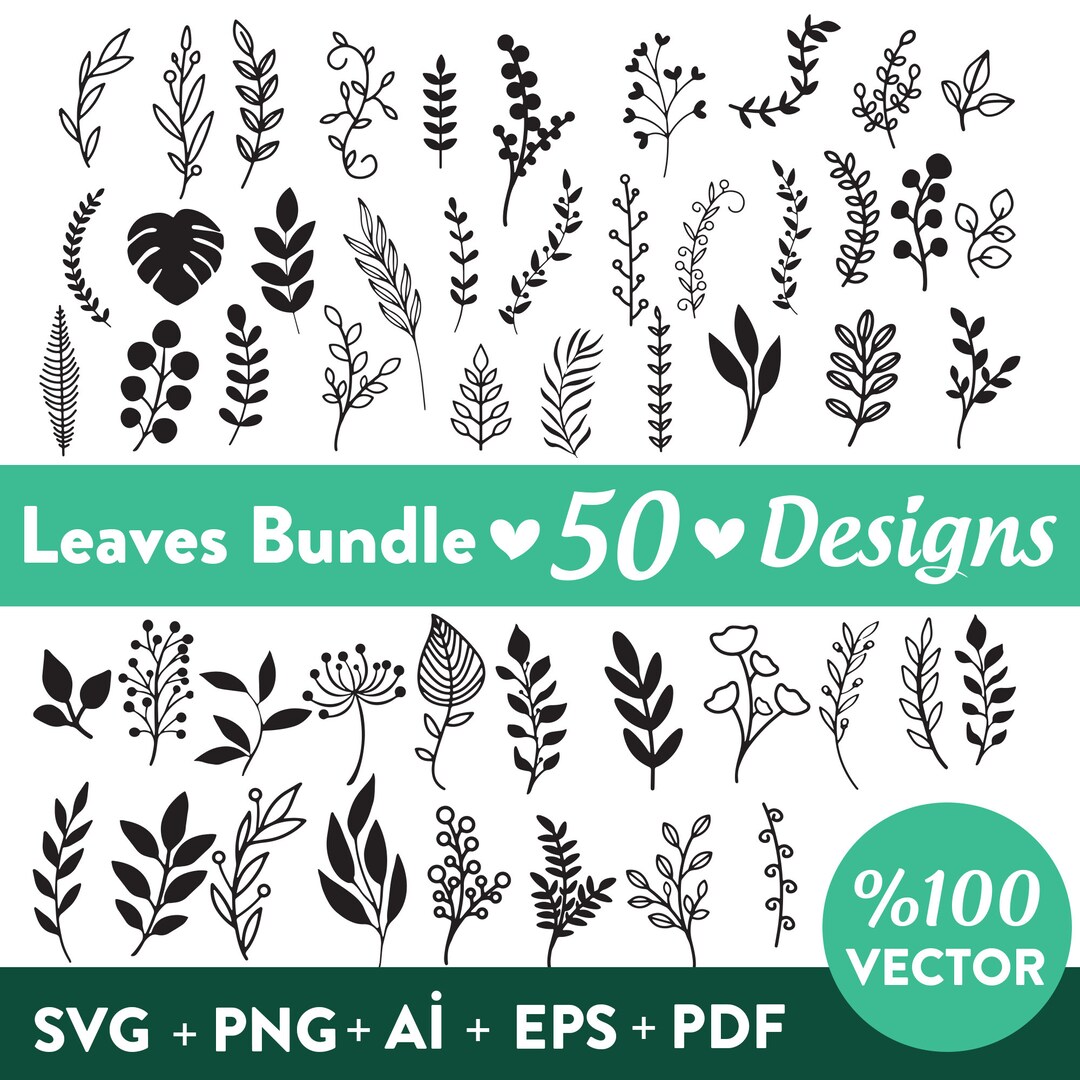 Leaves Svg Bundle, Leaves SVG, 50 Leaves SVG, Leaf Vector, Hand Drawn ...