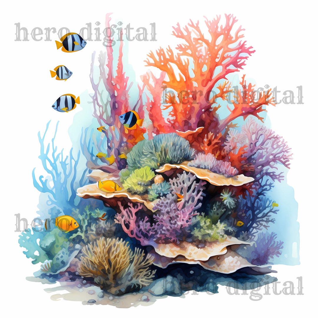 Watercolor Coral Reef Clipart Landscape Nature Scene Autumn - Etsy