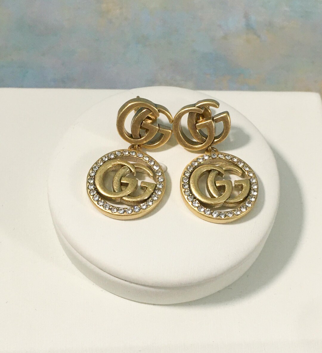 Gucci Vintage Stylish Gold Brand Logo Diamond Earrings - Etsy