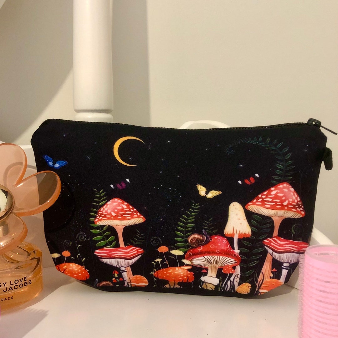 Mushroom Cosmetics Bag With Green Leaves | Makeup Bag | Wash Bag ...